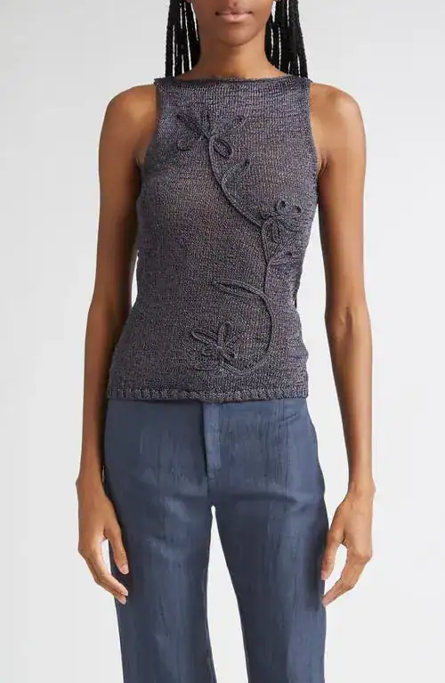 Paloma Wool Skipp Floral Embroidered Sleeveless Top - Dark Grey